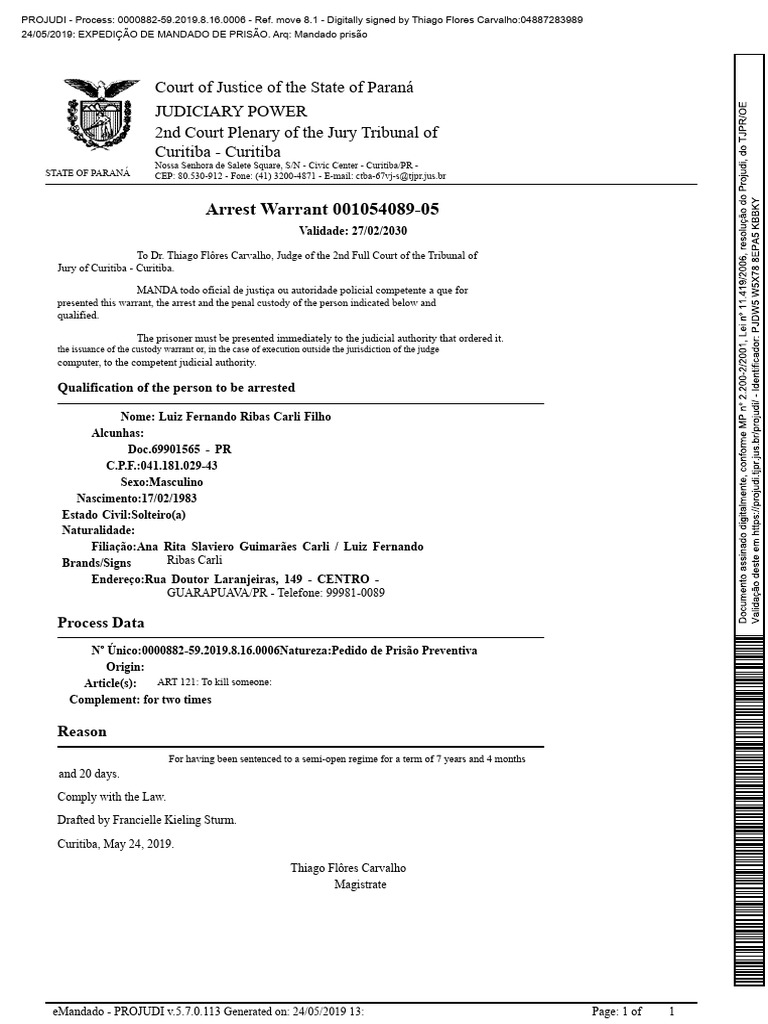Arrest Warrant for Luiz Carli Filho | PDF | Public Sphere | Criminal Law