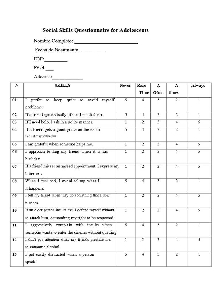 Social Skills Questionnaire For Adolescents | PDF | Adolescence ...