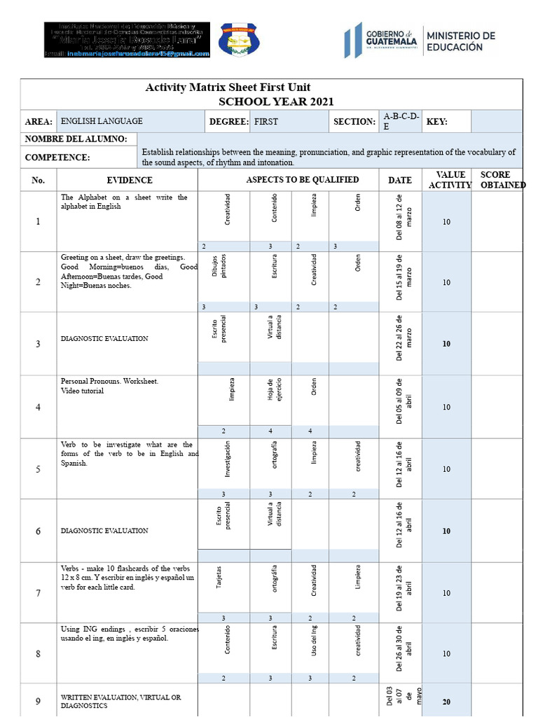 First Unit Activity Matrix: English Language | PDF | English Language ...