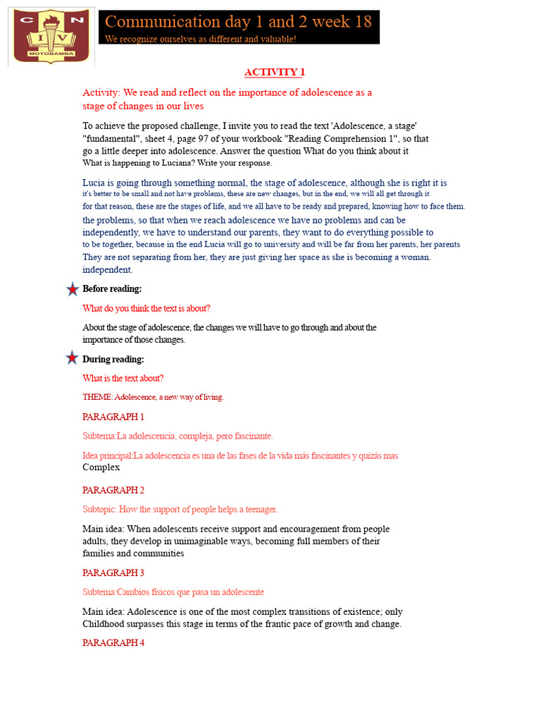 Activity: We Read and Reflect On The Importance of Adolescence As A ...