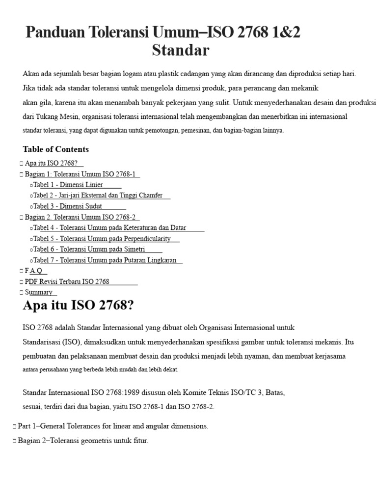 Panduan Umum Toleransi - Standar ISO 2768 1&2 | PDF