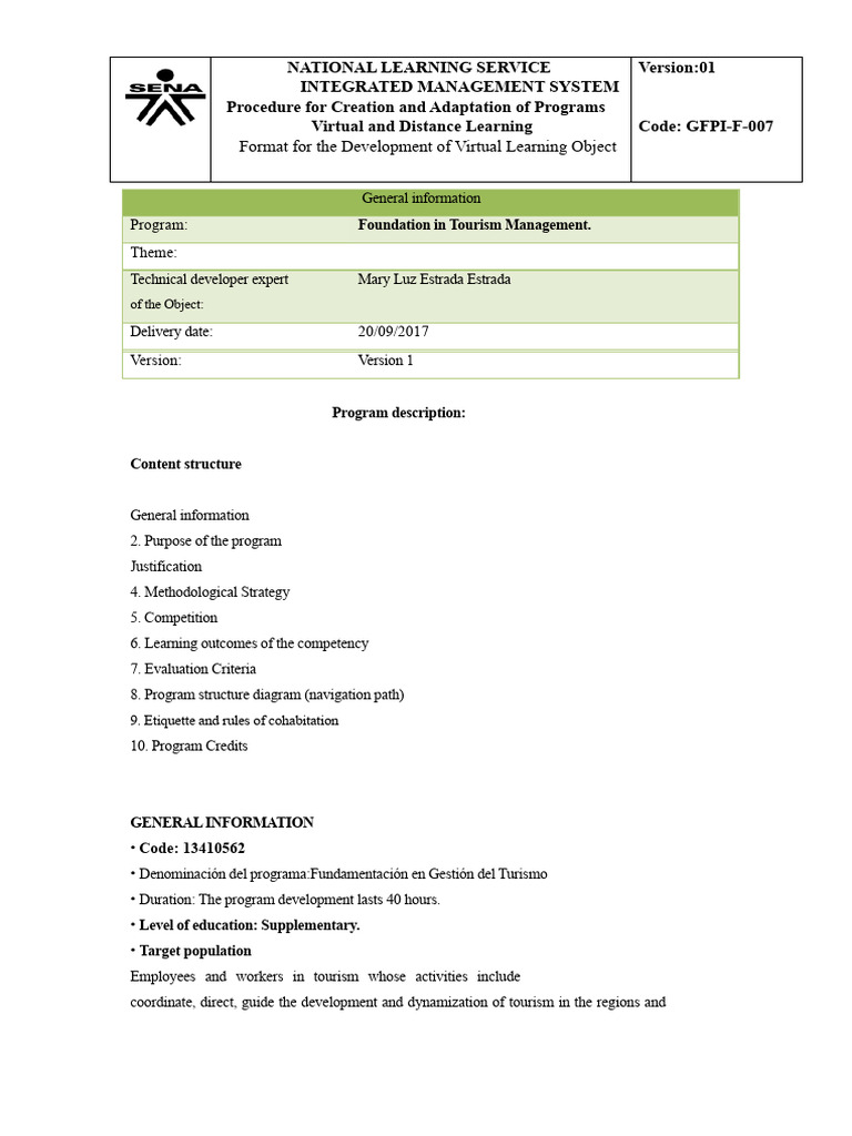 Tourism Management Training Program Guide | PDF | Governance | Distance ...