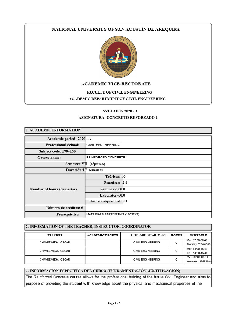 Syllabus - Reinforced Concrete 1 (2020-A) | PDF | Beam (Structure ...