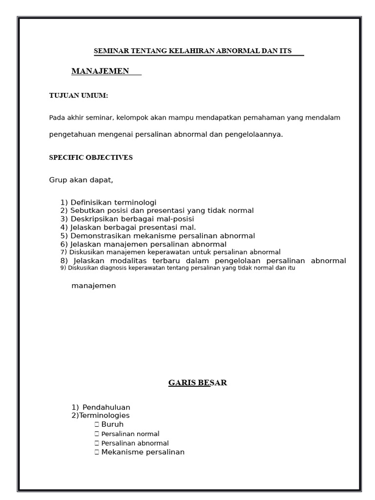 Seminar tentang Persalinan Abnormal dan Manajemennya | PDF