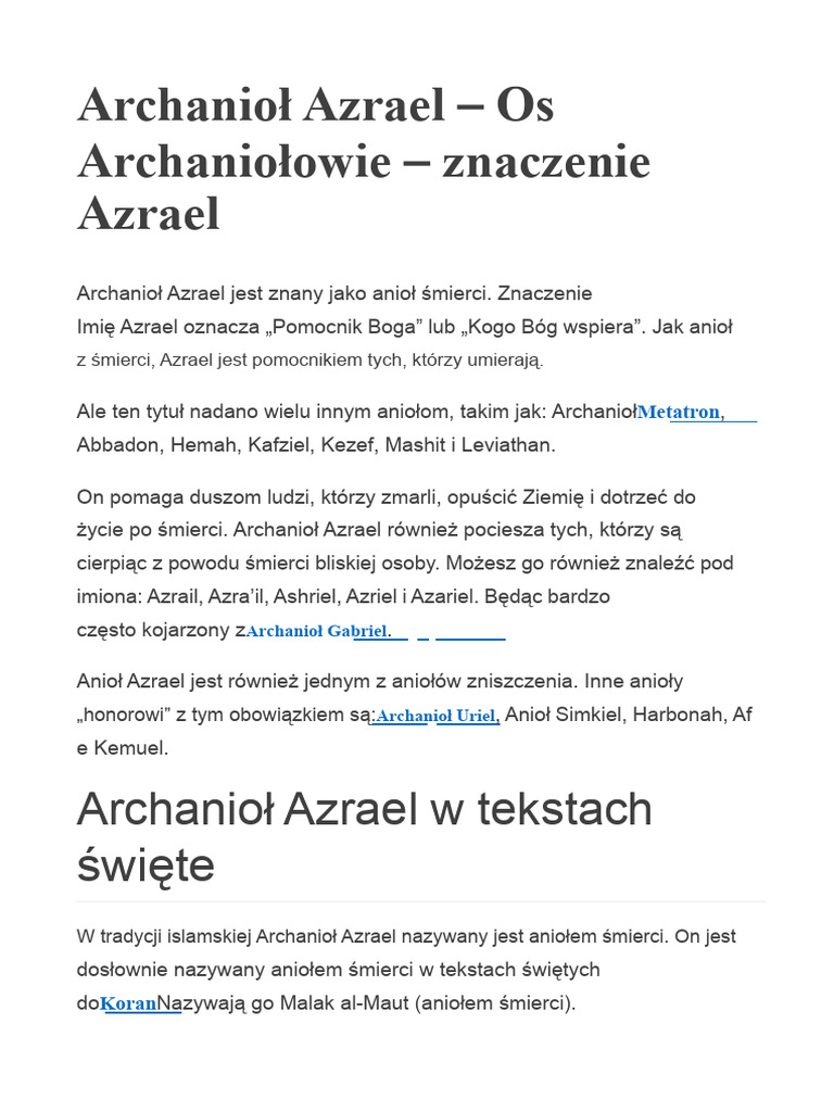 Archanioł Azrael - Archaniołowie - Znaczenie Azraela | PDF