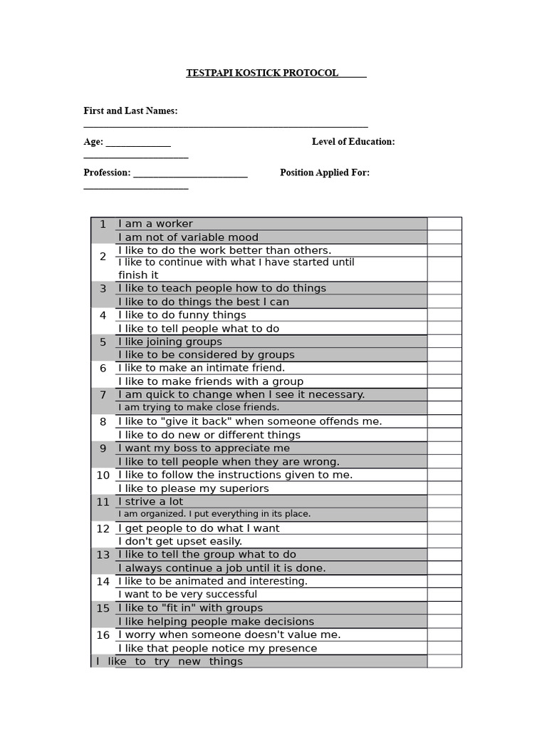 Kostick Protocol Personality Assessment | PDF | Cognition | Social ...