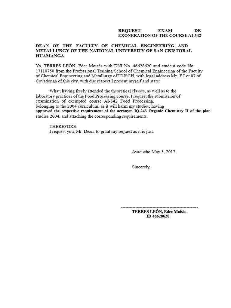Request For Food Exemption Exam - Eder | PDF