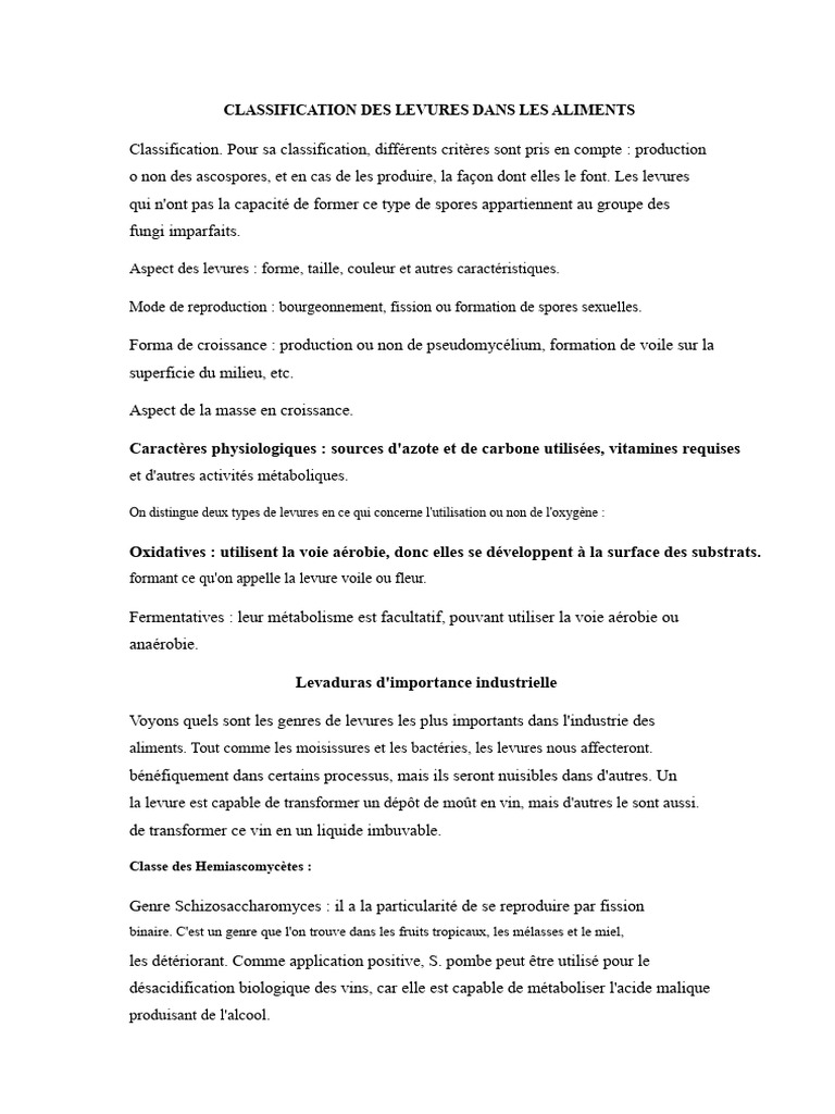 Classification des levures alimentaires | PDF | Levure | Fermentation