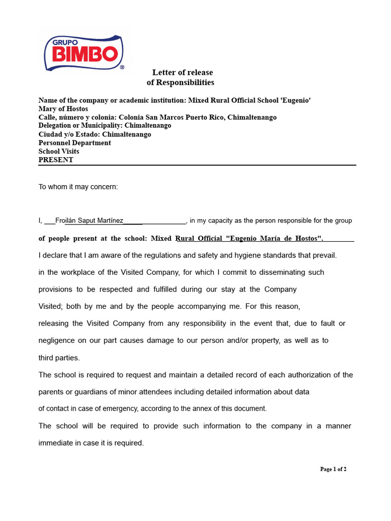 Release of Liability Letter | PDF