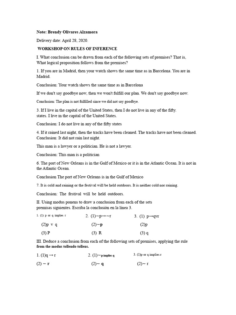 WORKSHOP ON INFERENCE RULES Brendy | PDF | Inference | Logic