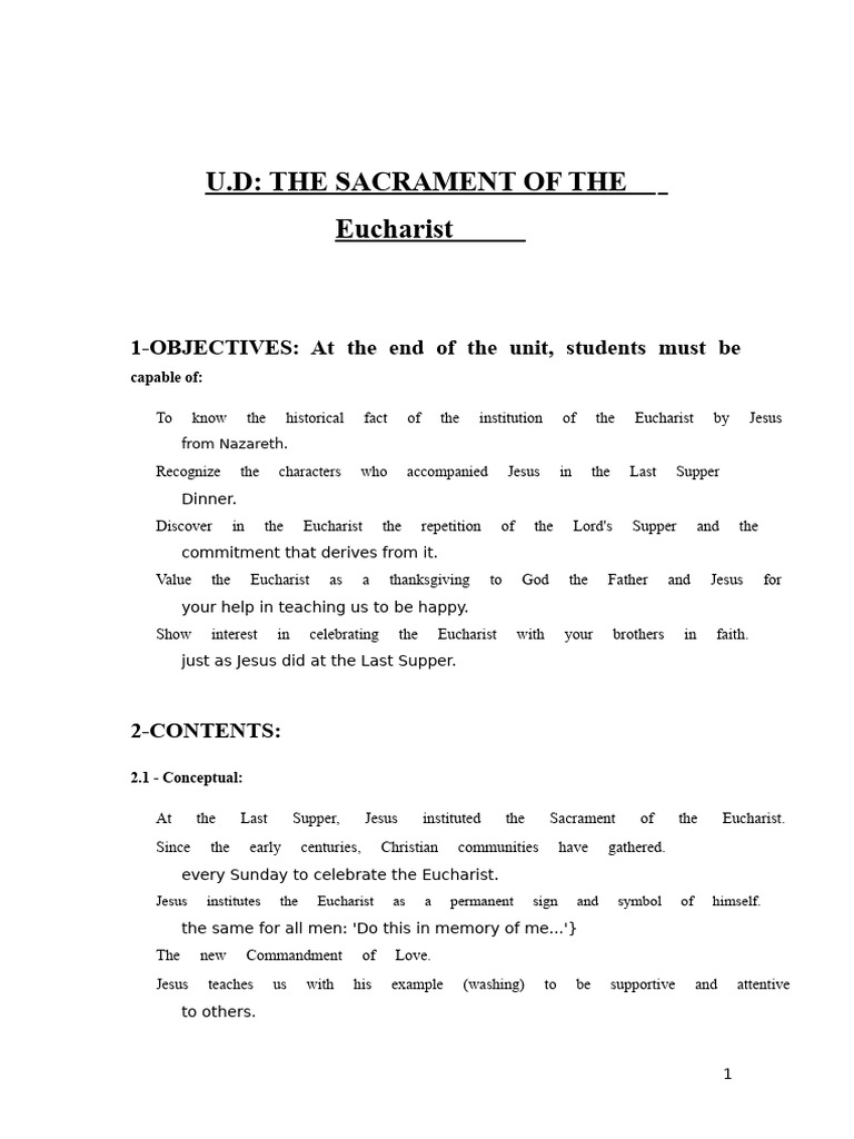 EUCHARIST unit plan | PDF | Eucharist | Last Supper