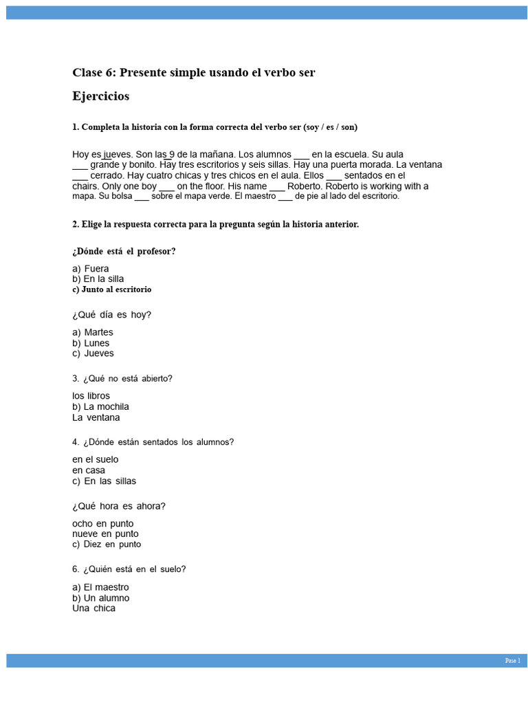 Ejercicios de Presente Simple: Verbo Ser | PDF