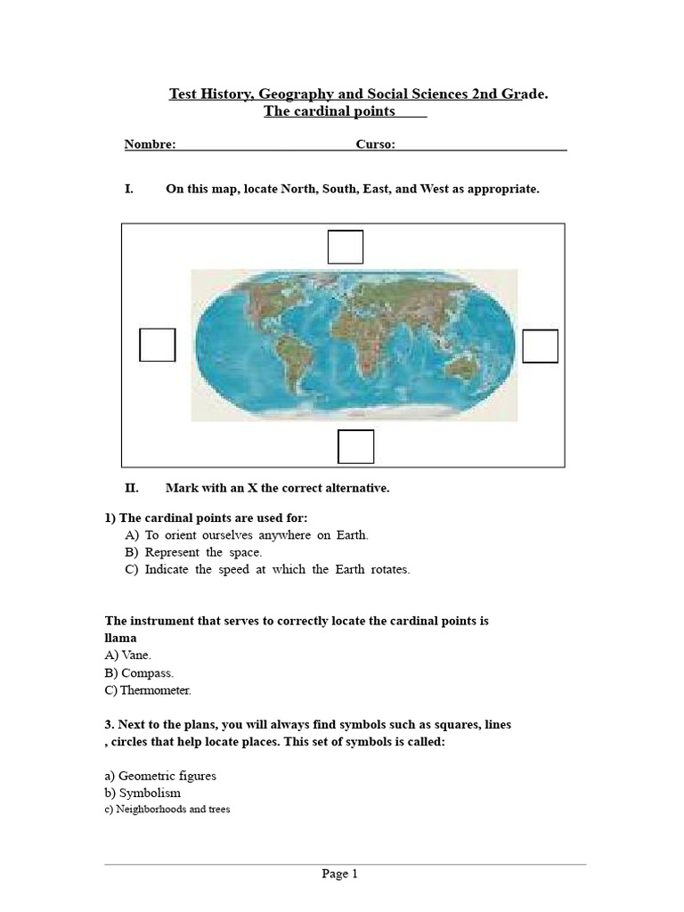 2nd Grade Cardinal Points Quiz | PDF | Compass | Geometry