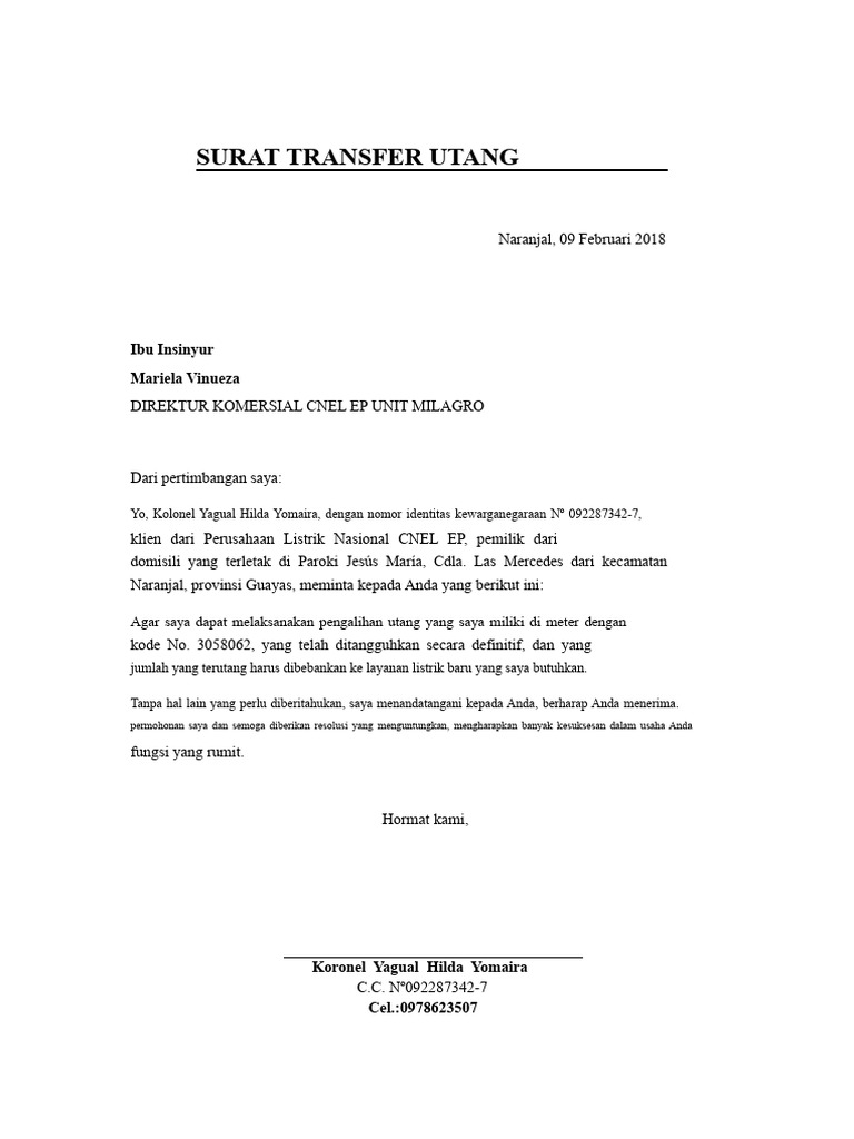 Surat Permohonan Transfer Utang CNEL EP | PDF