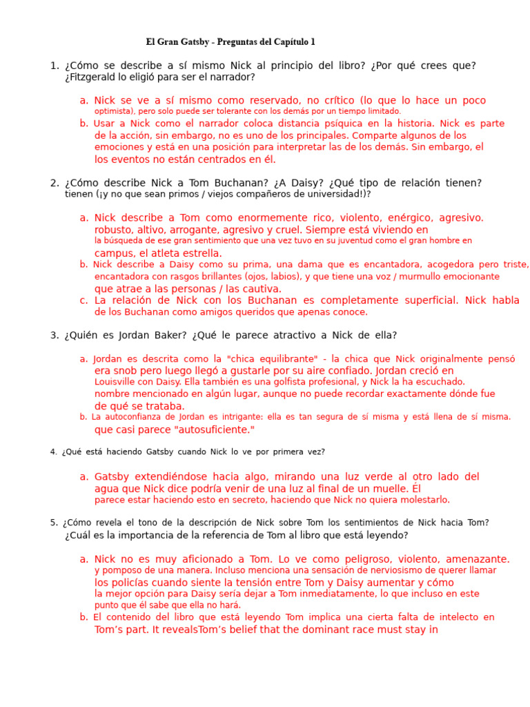 Preguntas sobre El Gran Gatsby - Capítulo 1 | PDF | El gran Gatsby