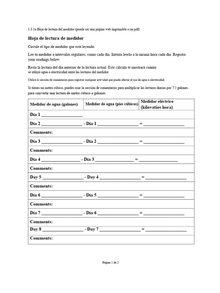 Hoja de Trabajo de Lectura de Medidores en Casa | PDF