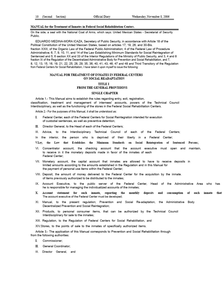 MANUAL For The Treatment of Inmates in Federal Centers For Social ...