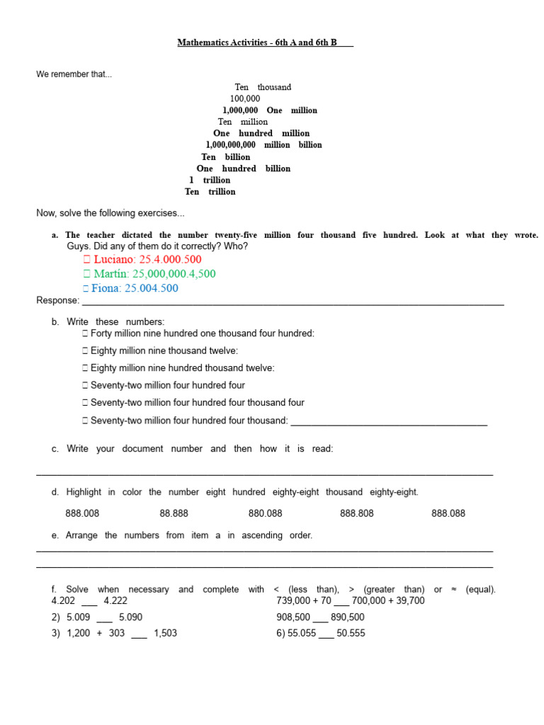 6th Grade Math Activities on Large Numbers | PDF | Mathematics | Number ...