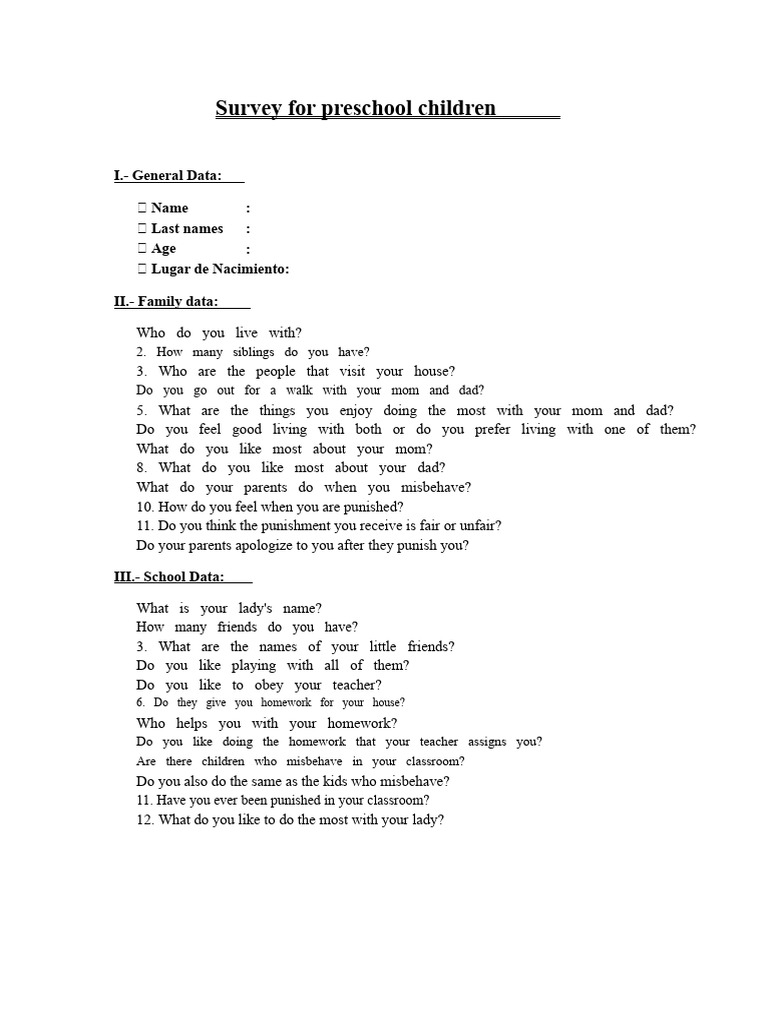 Survey For Preschool Children | PDF