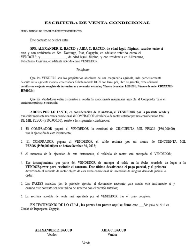 ESCRITURA DE VENTA CONDICIONAL de Maquinaria Agrícola BACUD | PDF