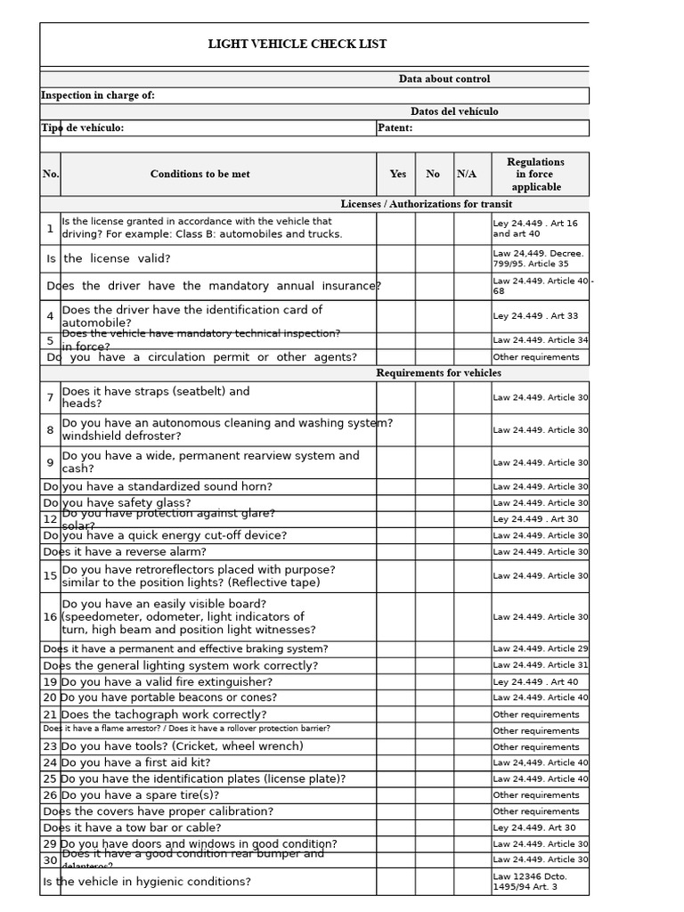 Light Vehicle Inspection Checklist | PDF | Seat Belt | Vehicles