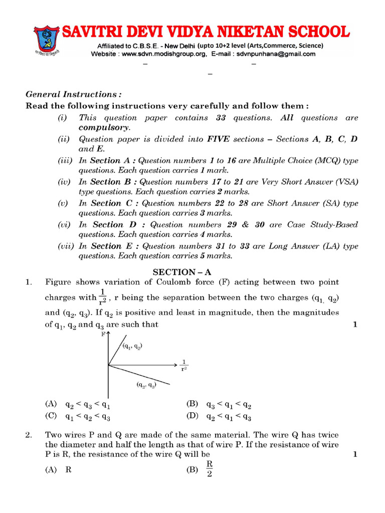 Class - XII Physics Pre - Board - 1 2025 | PDF