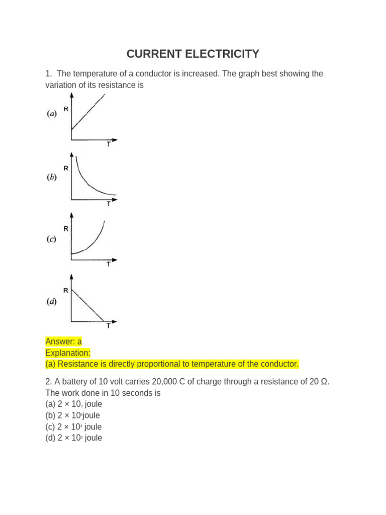 Current and Electricity 2nd Class(4.5.2020) Saturday Test Question | PDF