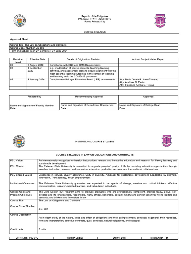 Law on Obligations and Contracts Syllabus | PDF | Juris Doctor | Learning