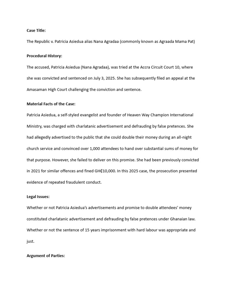 Case Brief on Republic v Patricia Asiedu alias Nana Agradaa | PDF | Fraud | Sentence (Law)