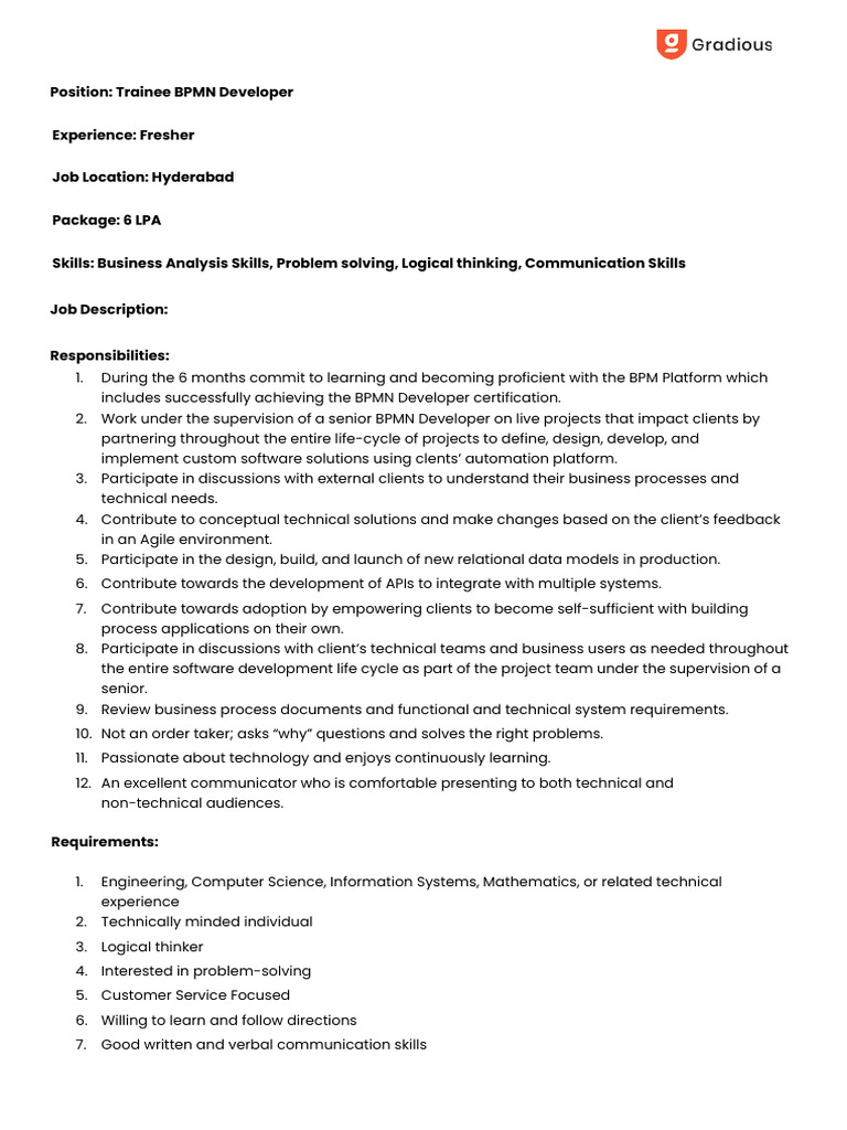Trainee BPMN Developer JD | PDF