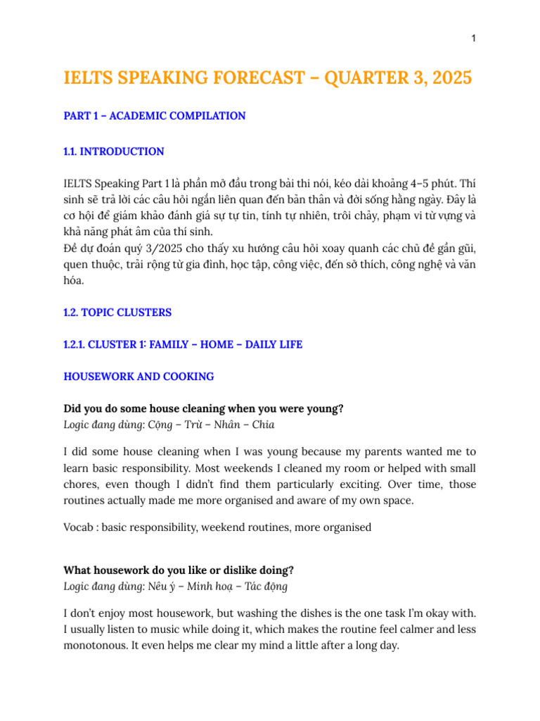 IELTS Speaking Part 1 Topics Q3 2025 | PDF | Physical Fitness | Vocabulary
