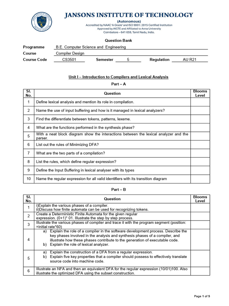 CS3501 - Compiler Design - Question Bank - Completed | PDF | Parsing | Compiler