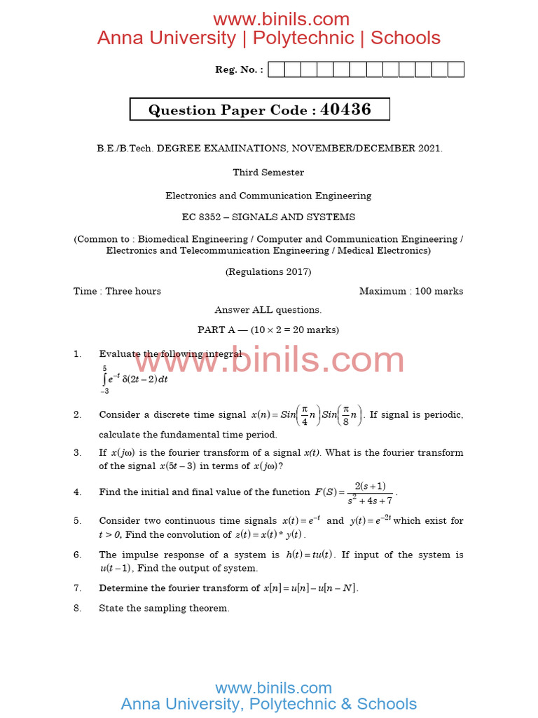 EC8352 Signals and Systems | PDF | Telecommunications Engineering | Control Theory