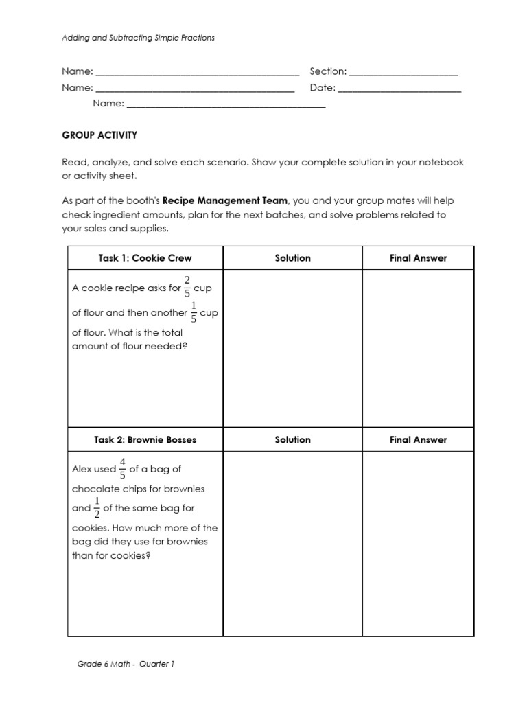M6Q1L01 Worksheet and Answer Key Adding and Subtracting Simple Fractions | PDF | Subtraction ...