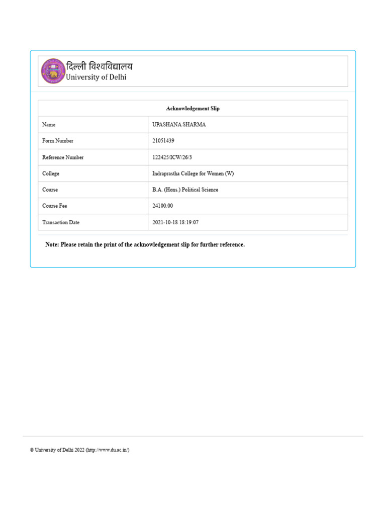 Acknowledgement Slip for Course Fee Payment | PDF