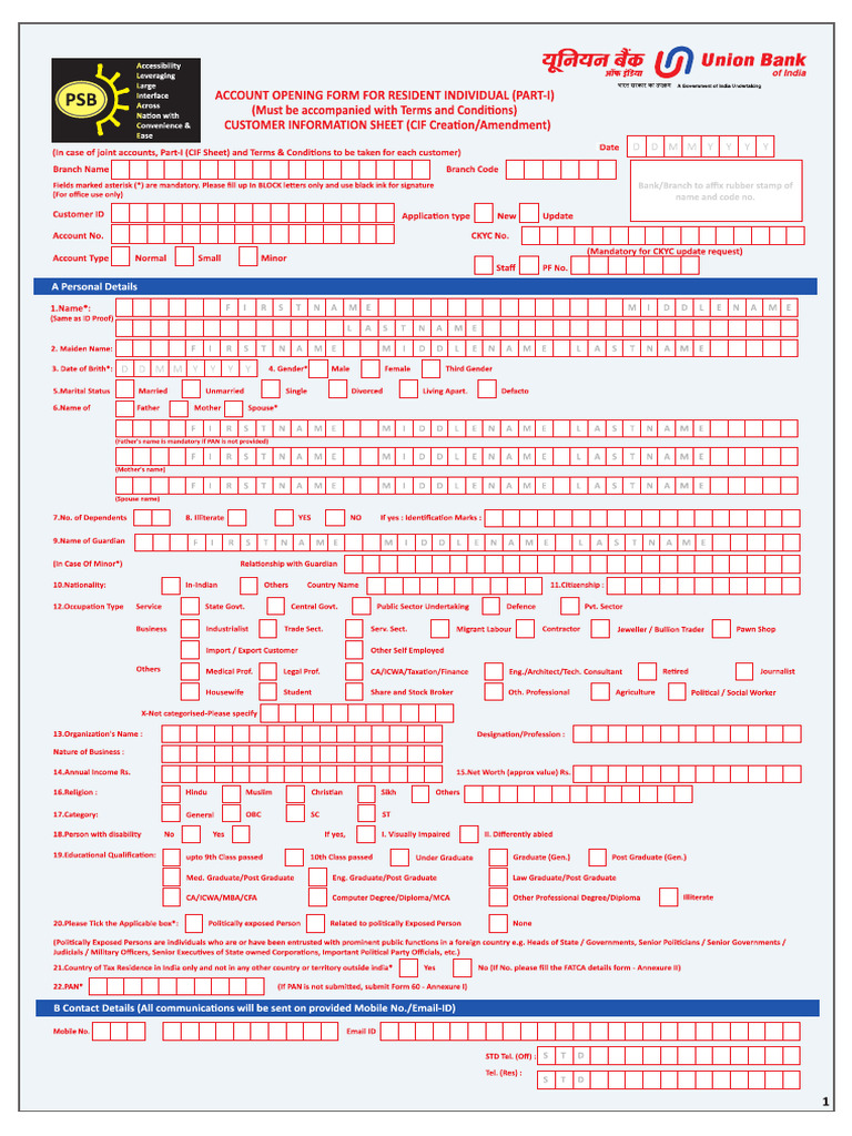 Standardised Account Opening Form For Individuals - English PDF | PDF