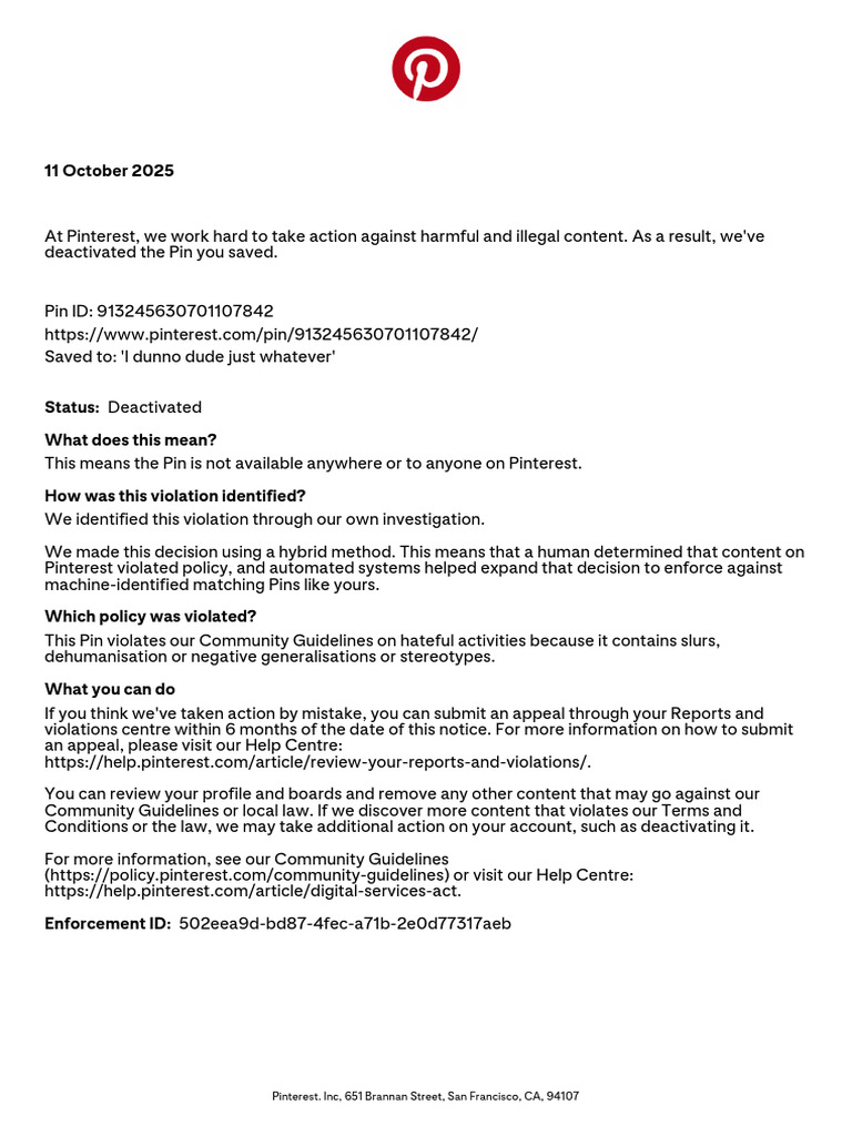 Pinterest Pin Deactivation Notice | PDF
