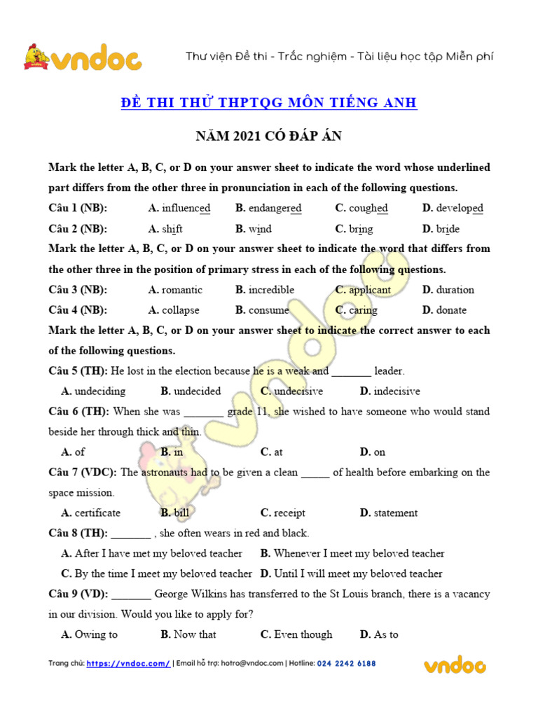 De Thi Thu Tot Nghiep Thpt Tieng Anh 2021 Truong Thpt Chuyen Lam Son Lan 1 Co Dap An | PDF
