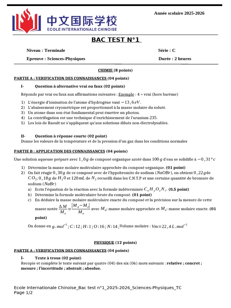 Bac Test 2025-2026 : Chimie et Physique | PDF | Cinématique | Vitesse