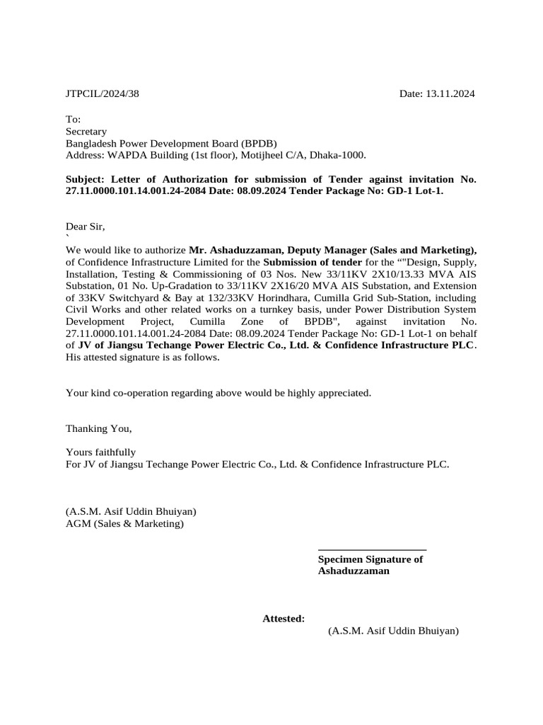 Authorization Letter | PDF | Electric Power | Electrical Engineering