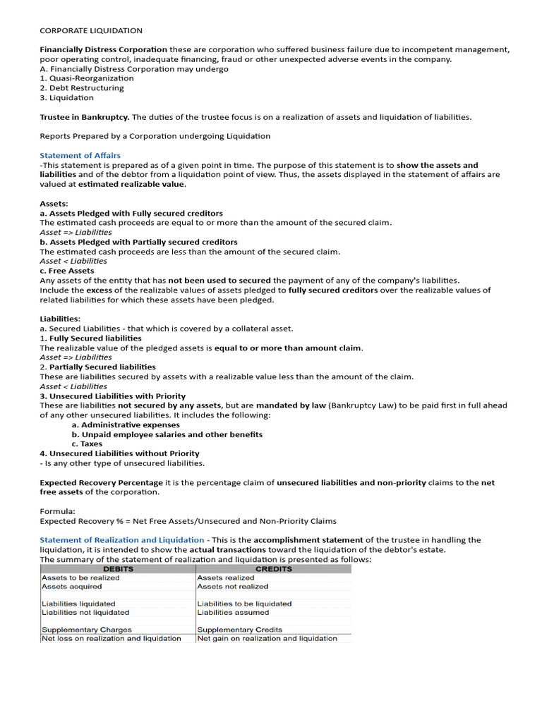 Lesson 5 CORPORATE LIQUIDATION Hand Outs | PDF | Bankruptcy | Personal ...