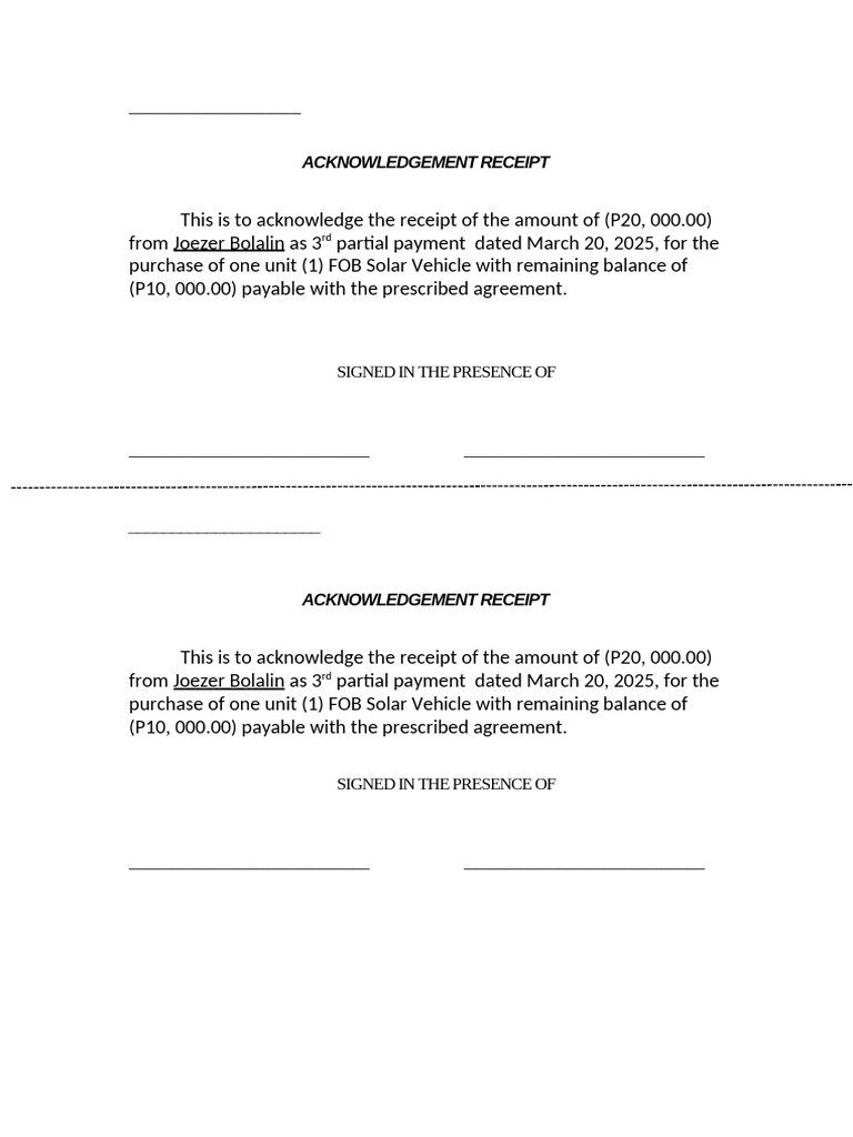 Acknowledgement Receipt for Solar Vehicle Payment | PDF