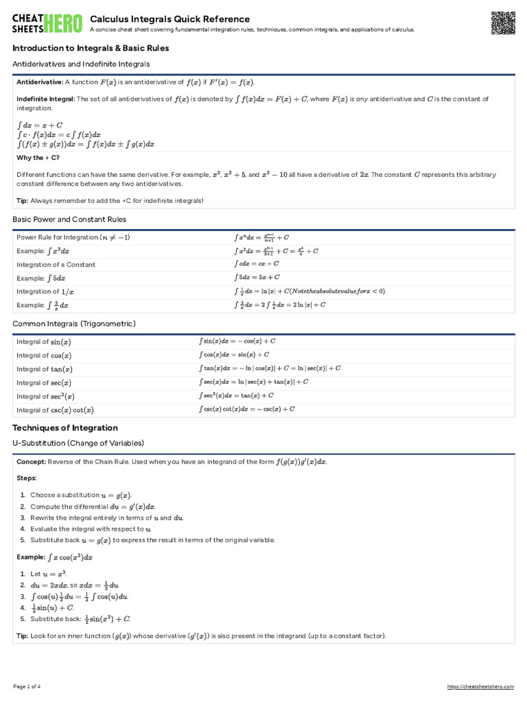 Calculus Integrals Quick Reference Cheatsheet | PDF | Integral ...