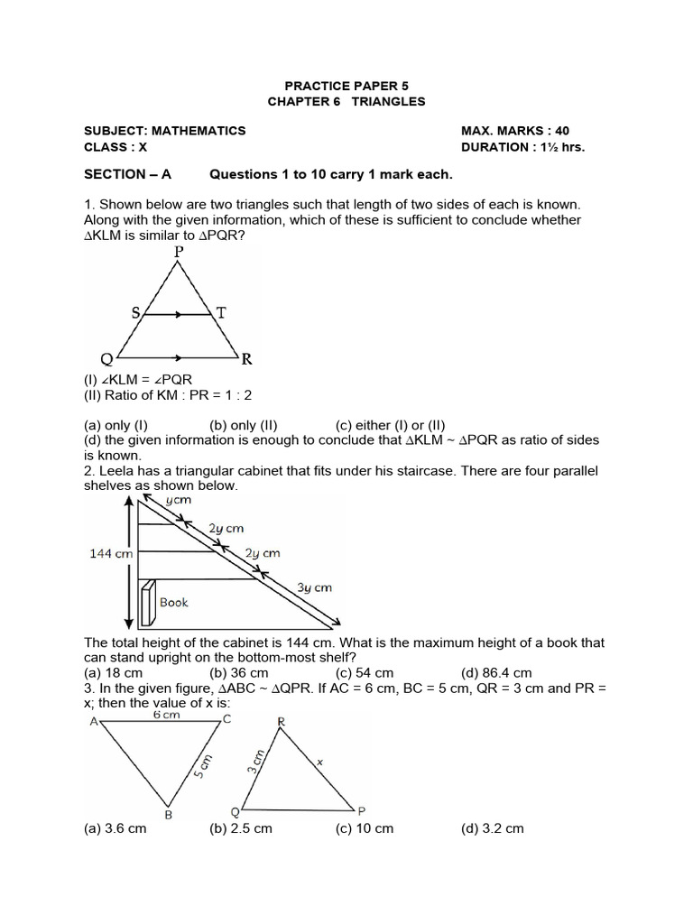 Practice Paper CH 6 Triangles | PDF | Triangle | Classical Geometry