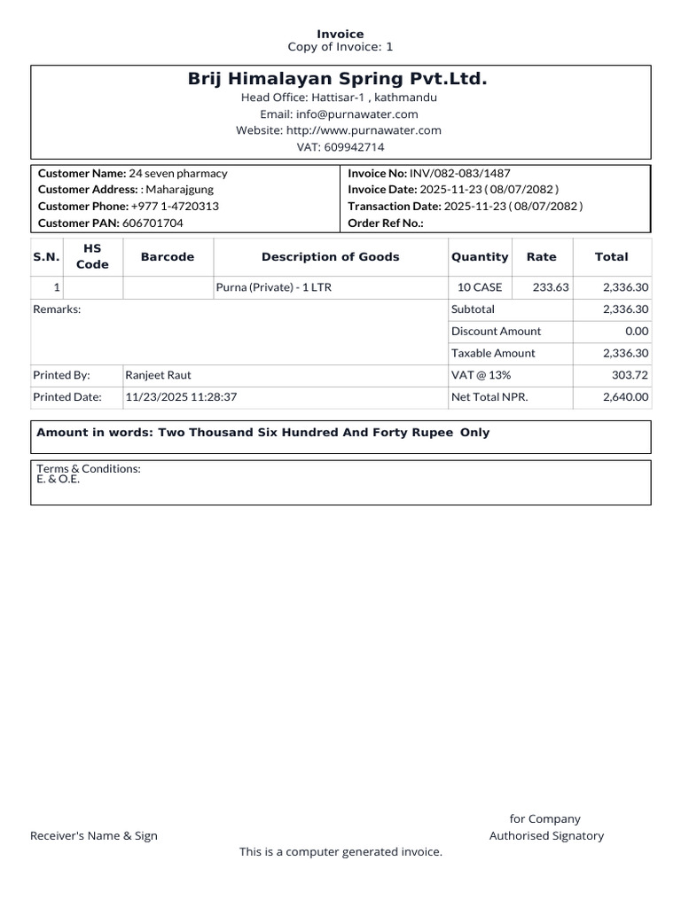 Invoice INV 082 083 1487 Brij Himalayan Spring PVT - Ltd. 24 Seven ...