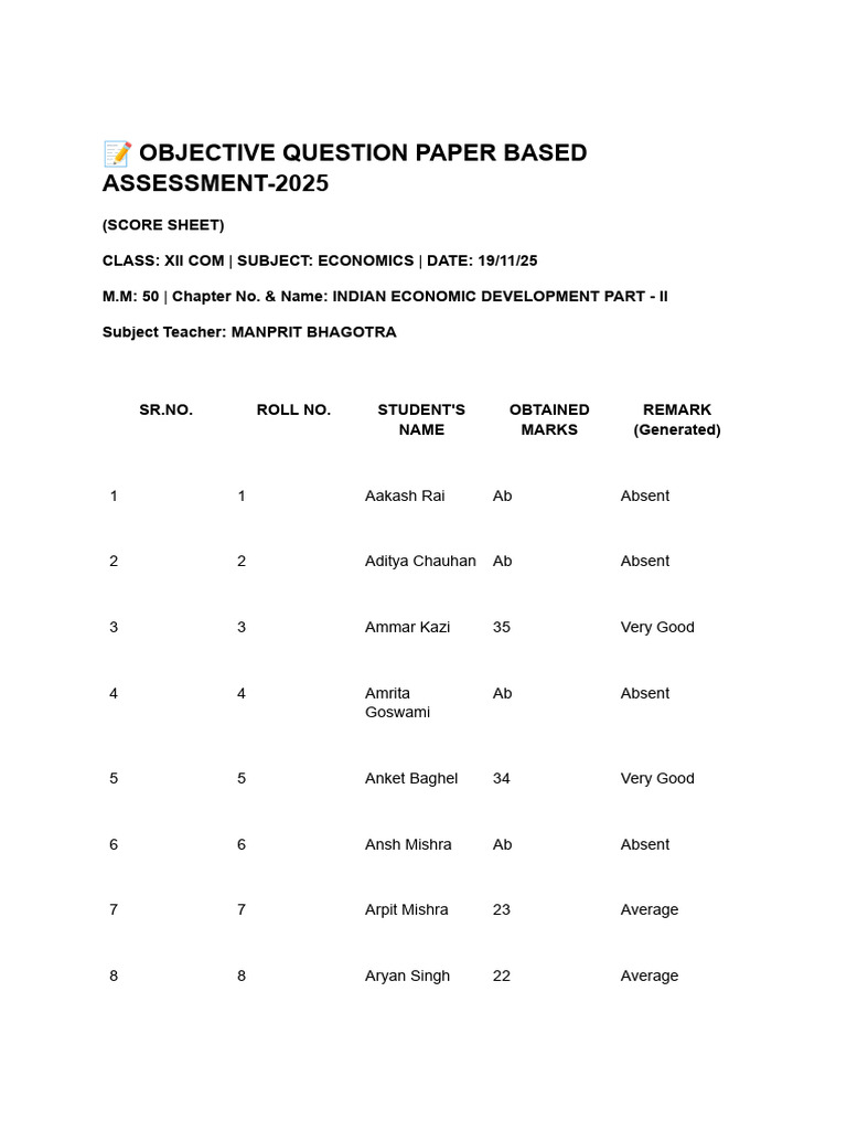 ? Economics OBJECTIVE QUESTION PAPER BASED ASSESSMENT-2025 | PDF