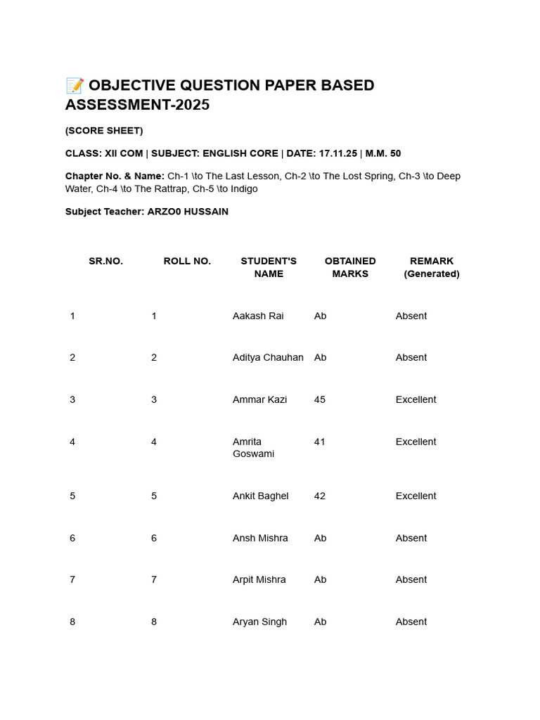 ?english OBJECTIVE QUESTION PAPER BASED ASSESSMENT-2025 | PDF