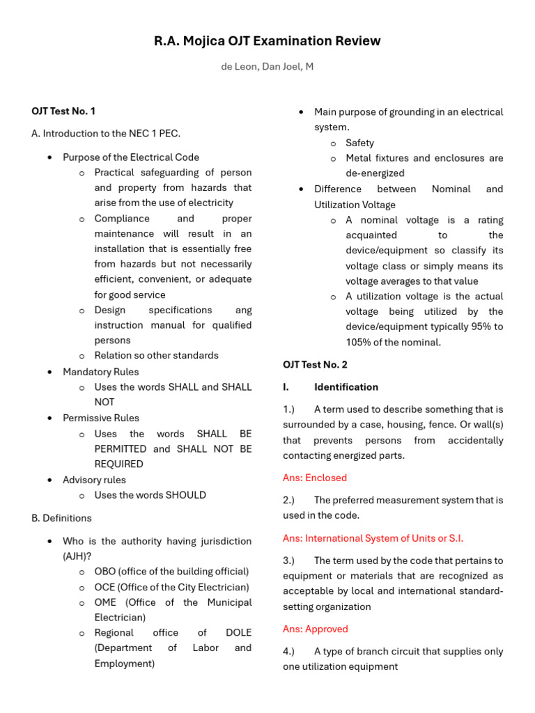 OJT Exam Review: NEC Electrical Code | PDF | Fuse (Electrical) | Resistor