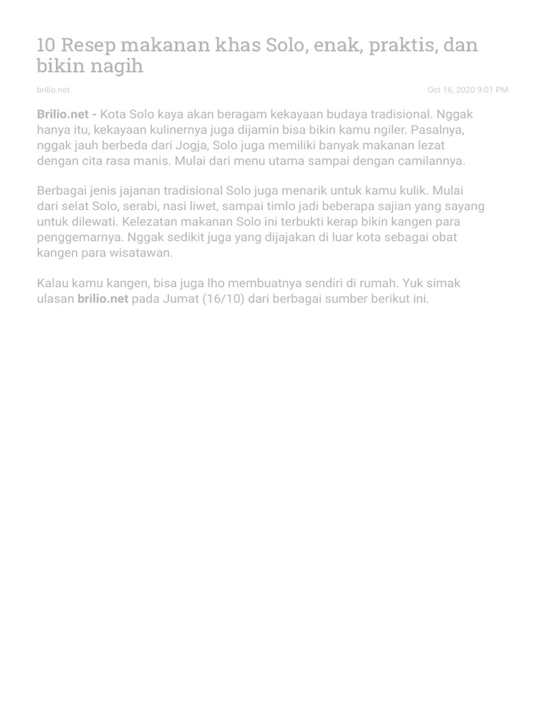 10 Resep Makanan Khas Solo, Enak, Praktis, Dan Bikin Nagih | PDF