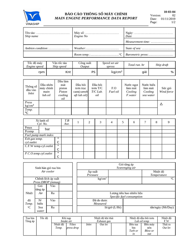 Main Engine Performance Data Report: Báo Cáo Thông Số Máy Chính | PDF